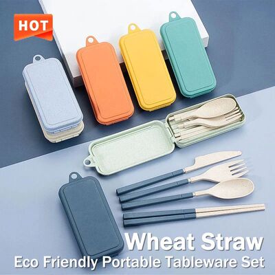 4Pcs Portable Tableware Set Wheat Straw Dinnerware Detachabl
