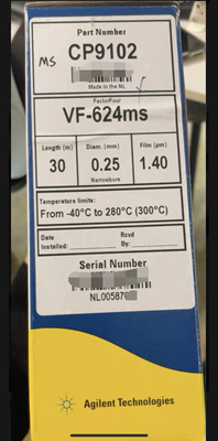 安捷伦CP9102 VF-624ms 气相色谱柱30m, 0.25 mm, 1.40 µm