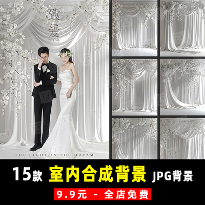 薇拉AI室内白树绸缎花拱门婚纱MJ合成背景PS设计JPG素材模板 K965
