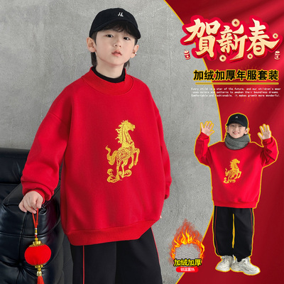 中国风红色加绒卫衣男童拜年服