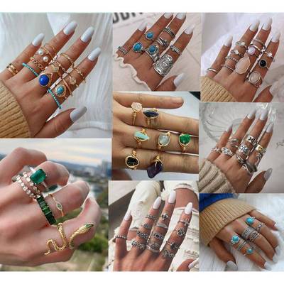 时尚波西米亚风松石树叶8件套戒指女Turquoise joint ring women