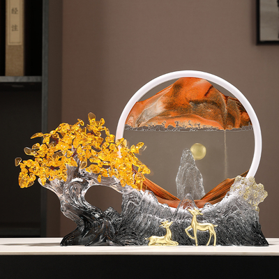 高级感流沙画摆件中式客厅玄关黄水晶发财树装饰品办公室乔迁开业