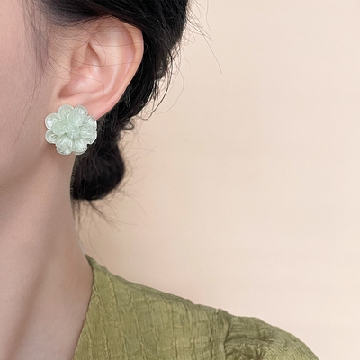 MoreSuitable清新薄荷曼波绿山茶花耳钉s925银针甜美复古气质耳饰