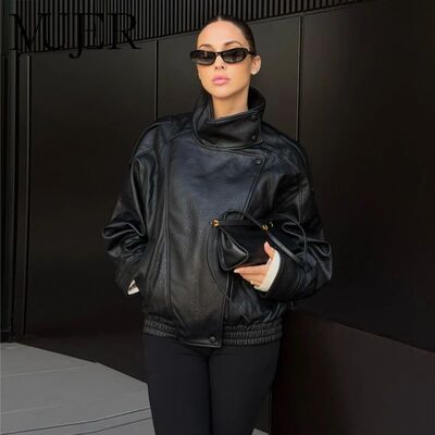 MUJER Black Faux Leather Jackets for Women Outerwears Office