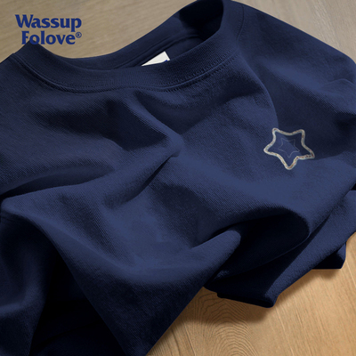 WASSUP星星印花藏青色重磅纯棉短袖t恤夏季新款百搭男女款T恤上衣