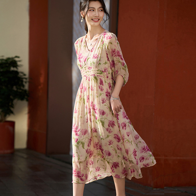 钉珠V领郁金香印花真丝连衣裙仙