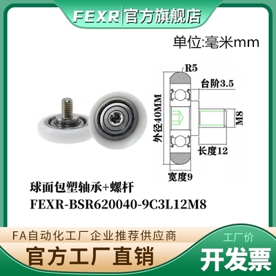 FEXR球面包塑轴承BSR620040-9C3L12M8带螺杆POM移门窗家具小滑轮