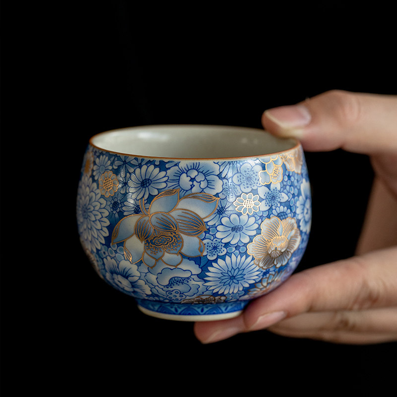 臻惜 繁花汝窑茶杯陶瓷家用主人杯单杯功夫茶具品茗杯茶碗喝茶杯