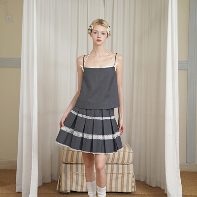 羊毛蕾丝花边拼接伞型百褶半身裙