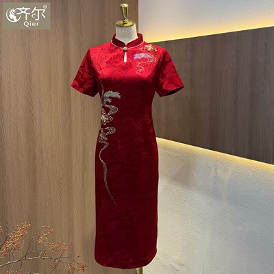 醋酸喜妈妈婚宴礼服高端小个子喜婆婆装改良旗袍连衣裙新中式轻奢