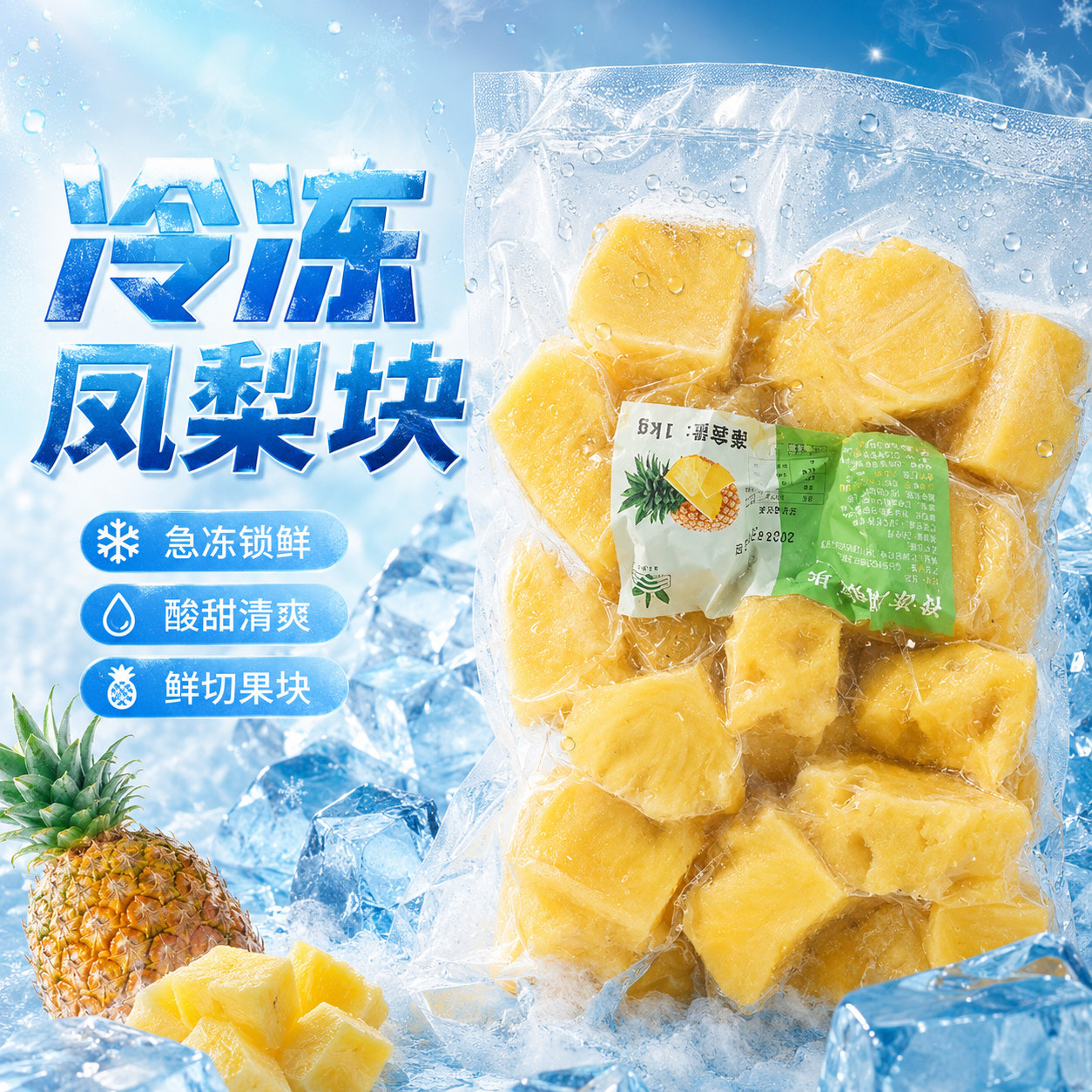 新鲜冷冻菠萝凤梨果肉块 奶茶店专用冰沙奶昔水果茶果酱粒包邮1kg