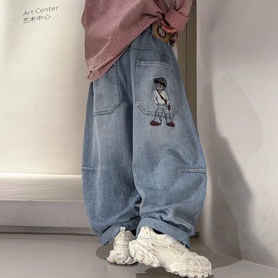 男童春季卡通刺绣阔腿牛仔裤