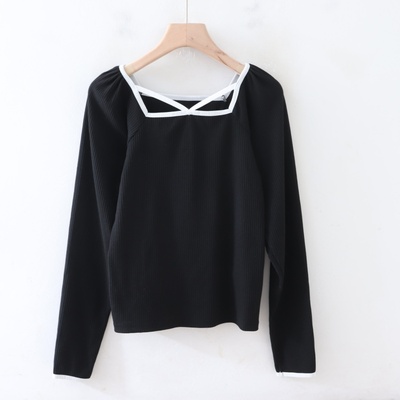 B050115日单新款客供料方领套头有弹性显瘦毛衣女简洁长袖针织衫