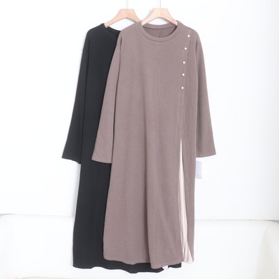 D07096日单秋冬新款圆领套头宽松女通勤气质拼接针织连衣裙有大码