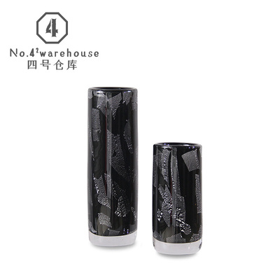 新中式轻奢黑色银箔直筒琉璃花瓶酒店售楼处前台高端装饰插花摆件