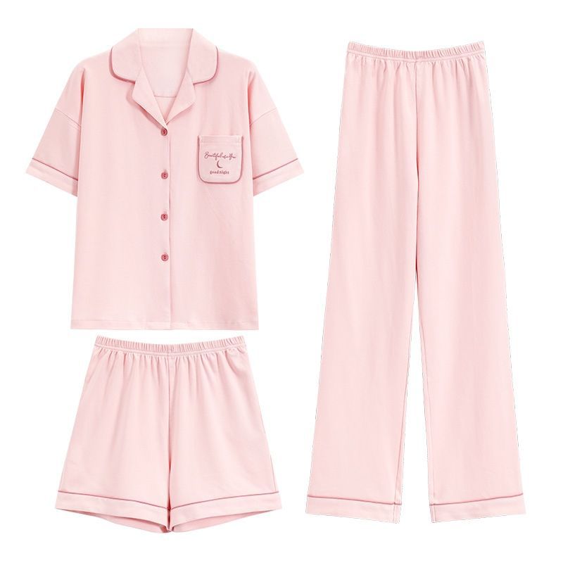 100%纯棉短袖夏季三件套女睡衣女网红甜美短裤口袋家居服开衫套装