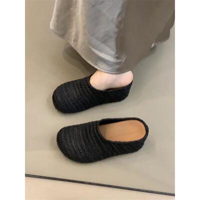 羊皮版~厚底内增高编织包头拖鞋女外穿一脚蹬复古度假沙滩凉拖鞋