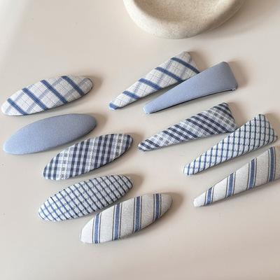 韩国气质蓝色复古格纹发夹甜美小众侧边刘海夹春夏bb夹碎发发卡女