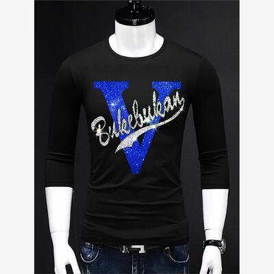 Men Rhinestone T Shirt Cotton Oversized Tees 长袖字母烫钻T恤