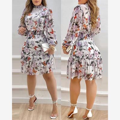 sexy dress Floral Print Lantern Sleeve Shirred Ruffles Dress