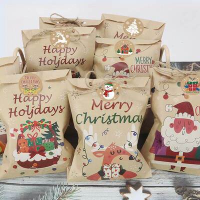 24Set Christmas Gift Bag Kraft Paper Bags Santa Claus Snowma