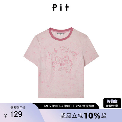 PIT粉色短袖印花T恤女夏显瘦