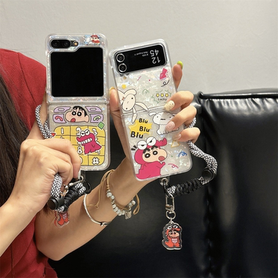 适用于Samsungzflip8卡通蜡笔小新全包硬手机壳zflip7 6 5 4 3贝壳纹折叠保护套