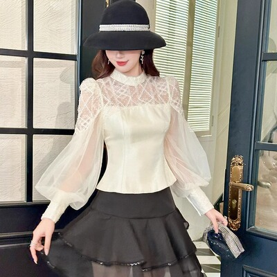 法式圆领网纱灯笼长袖拼接上衣