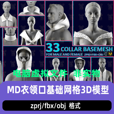 MD衣服衣领围领口服饰帽领褶边打版clo3d模型FBX C4D 3dmax maya