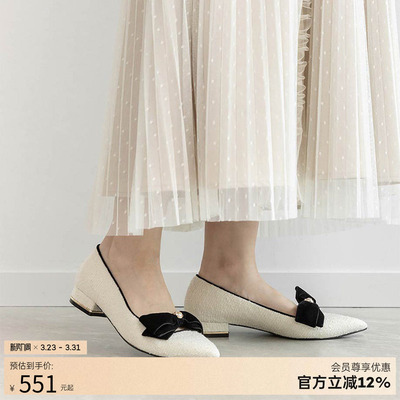 RANDA 25早秋新款天鹅绒蝴蝶结珍珠纽扣休闲平底高跟鞋 PP36008