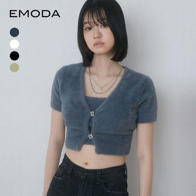 EMODA夏季新款小香风高级感短袖毛绒针织开衫两件套0424426701