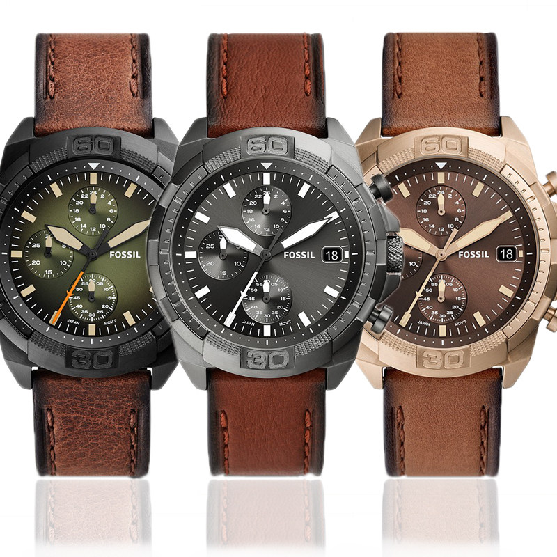 新款FOSSIL手表真皮三眼计时不锈钢壳日历石英表商务休闲酷弦男表_虎窝淘
