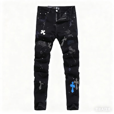 高街黑色十字烫钻破洞牛仔裤男潮牌复古印花修身小脚休闲长裤日系