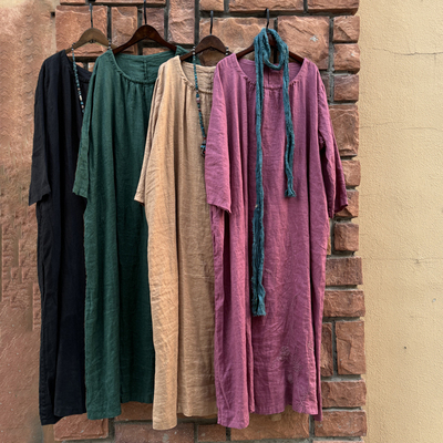 高端亚麻长款连衣裙刺绣袍子