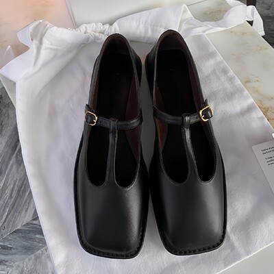 羊皮版葡萄ma同款T字带玛丽珍鞋女方头复古真皮平底百搭舒适单鞋