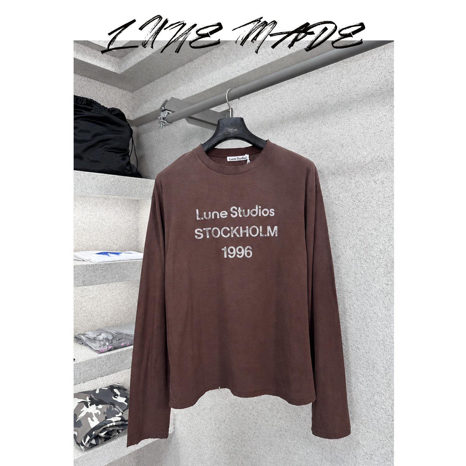 lunemade AC棕色做旧!1996印花85%棉15%亚麻男女情侣长袖T恤