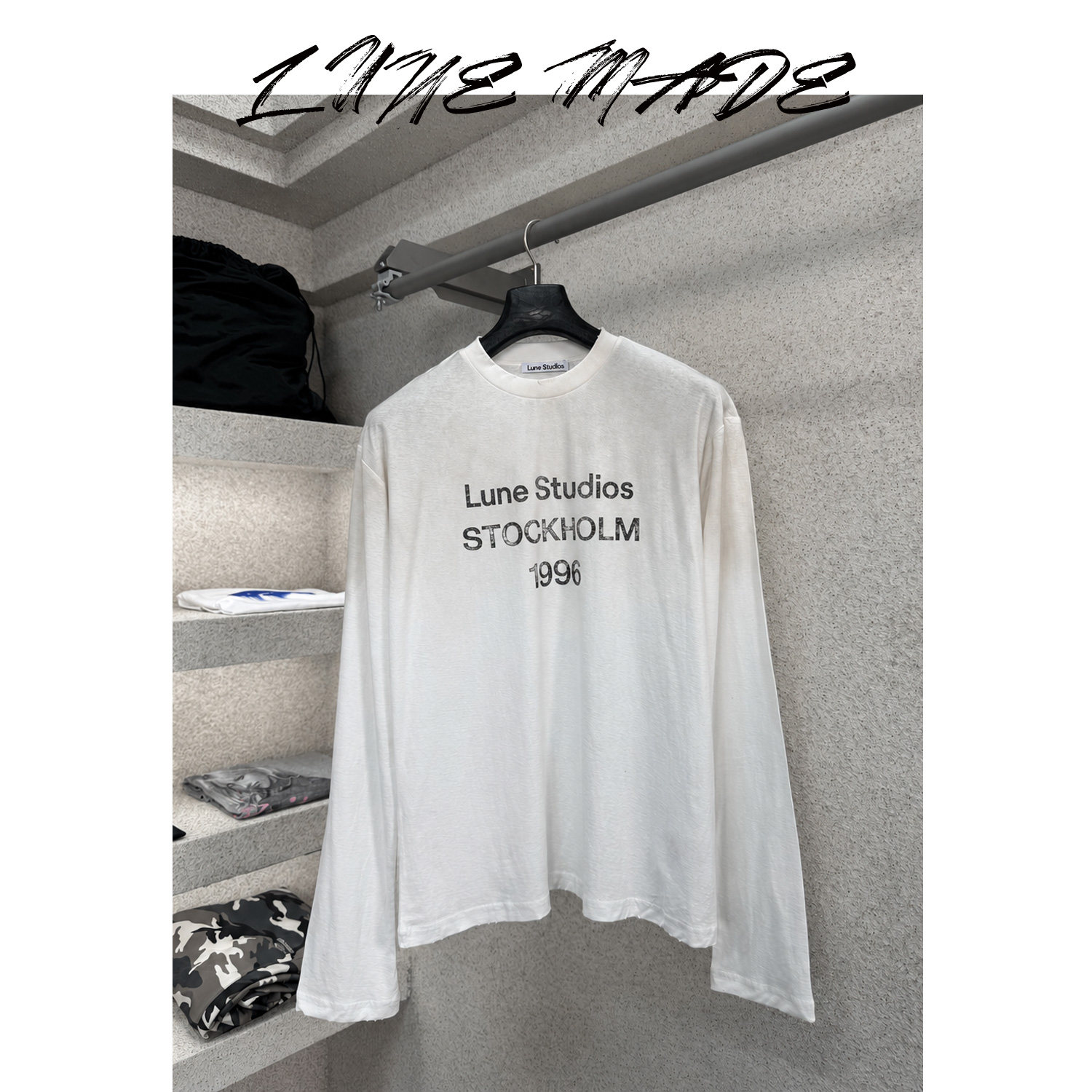 lunemade AC白色做旧!1996印花85%棉15%亚麻男女情侣长袖T恤