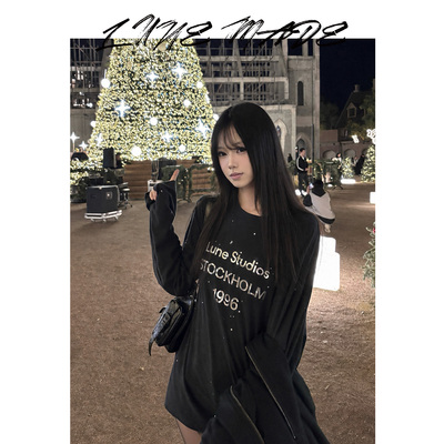LuneStudios26ss赵露思同款AC1996长袖亚麻复古风字母印花T恤白鹿