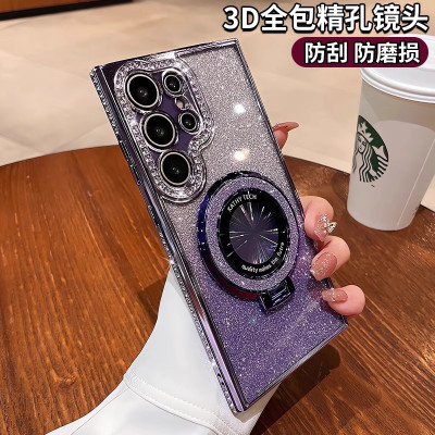 适用三星s24ultra手机壳Samsung s23 fe case glitter cover水钻A14磁吸支架s22 holder casing A55闪粉透A54