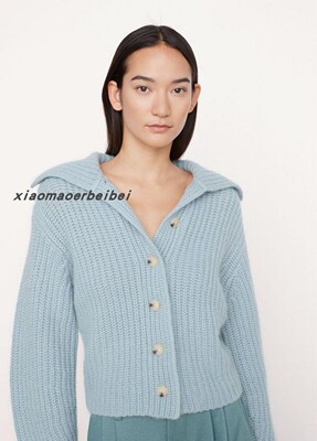 小猫儿美国代购Vince雾霾蓝色系扣软糯翻领开衫羊毛外套上衣毛衣
