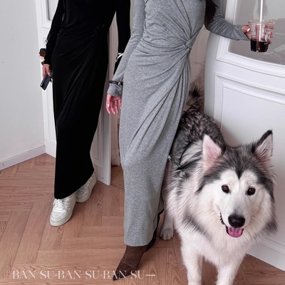 韩版交叉v领长袖连衣裙