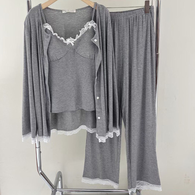 韩国balcony代购秋季纯色甜美性感三件要套装家居服套装可外穿女