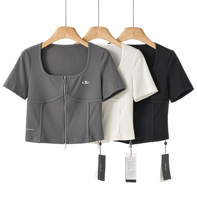 469 37.4粘纤【莫Y】夏装 U领套头拉链短款修身针织短袖T恤163