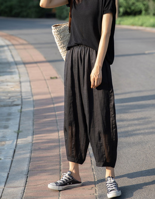 松紧腰九分裤普通苎麻灯笼裤