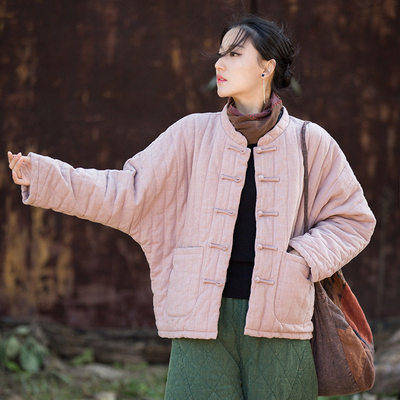 25冬季女装新款苎麻夹棉绗缝竖格棉袄棉服原创流浪禅意风女式棉衣