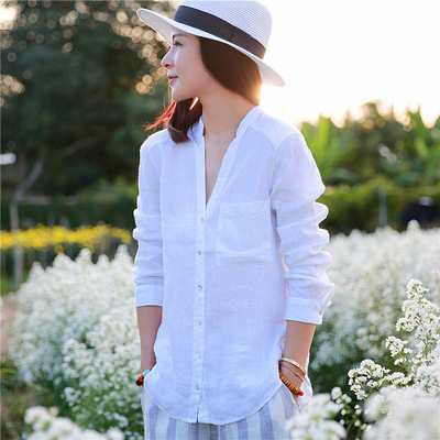 九分袖亚麻长款纯色修身外搭衬衣