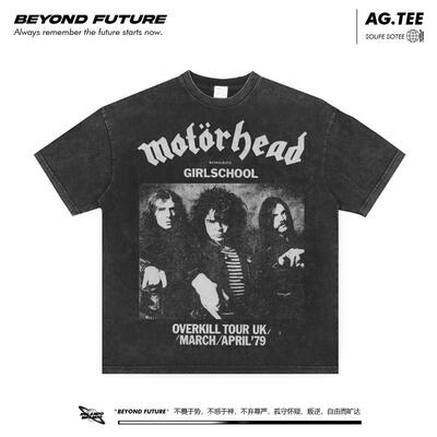 motorhead美式复古水洗做旧高街oversize宽松中性短袖T恤纯棉上衣
