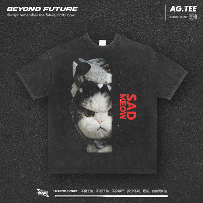 悲伤白猫水洗做旧oversize中性大码短袖T恤美式潮牌男女宽松