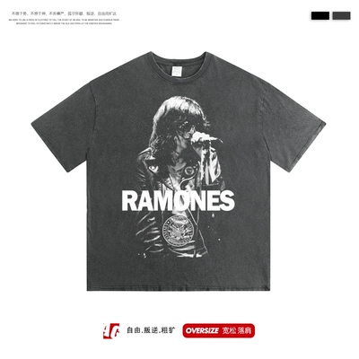 水洗复古做旧深灰色落肩男女短袖