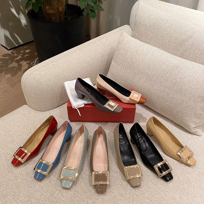 RV漆皮方扣单鞋女粗跟大象灰